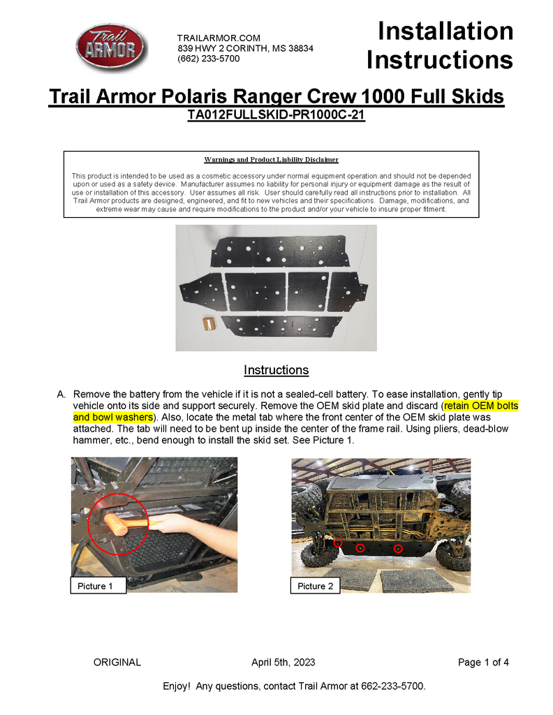 Trail Armor Ranger XP 1000 2020 Ranger 1000 Full Skids